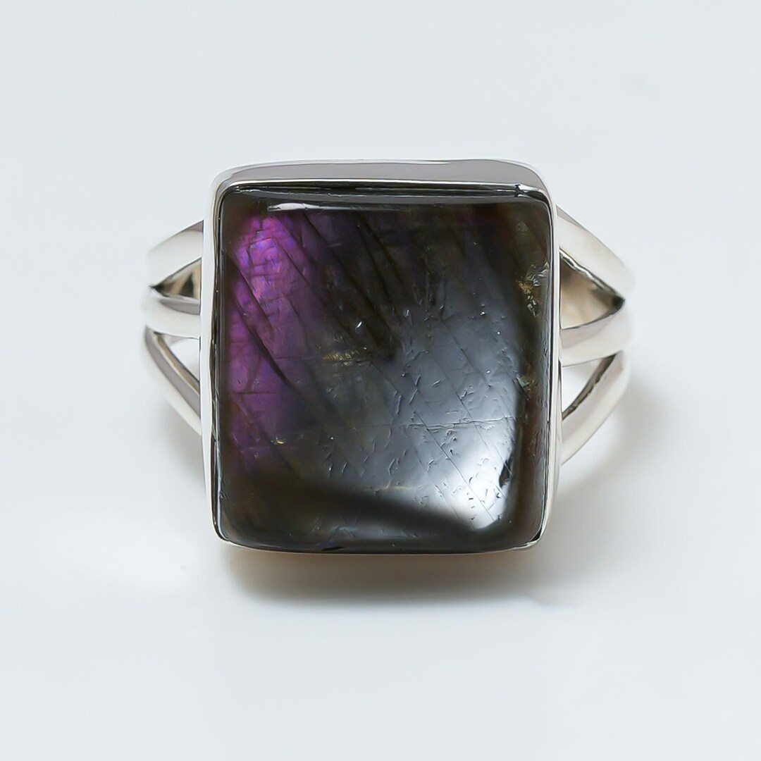 Purple Flash Labradorite Square Shape 925 Sterling Silver Ring Handmade ...