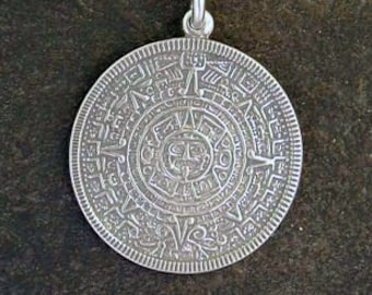 Sterling Silver Aztec Calendar Stone Pendant on a Sterling - Etsy