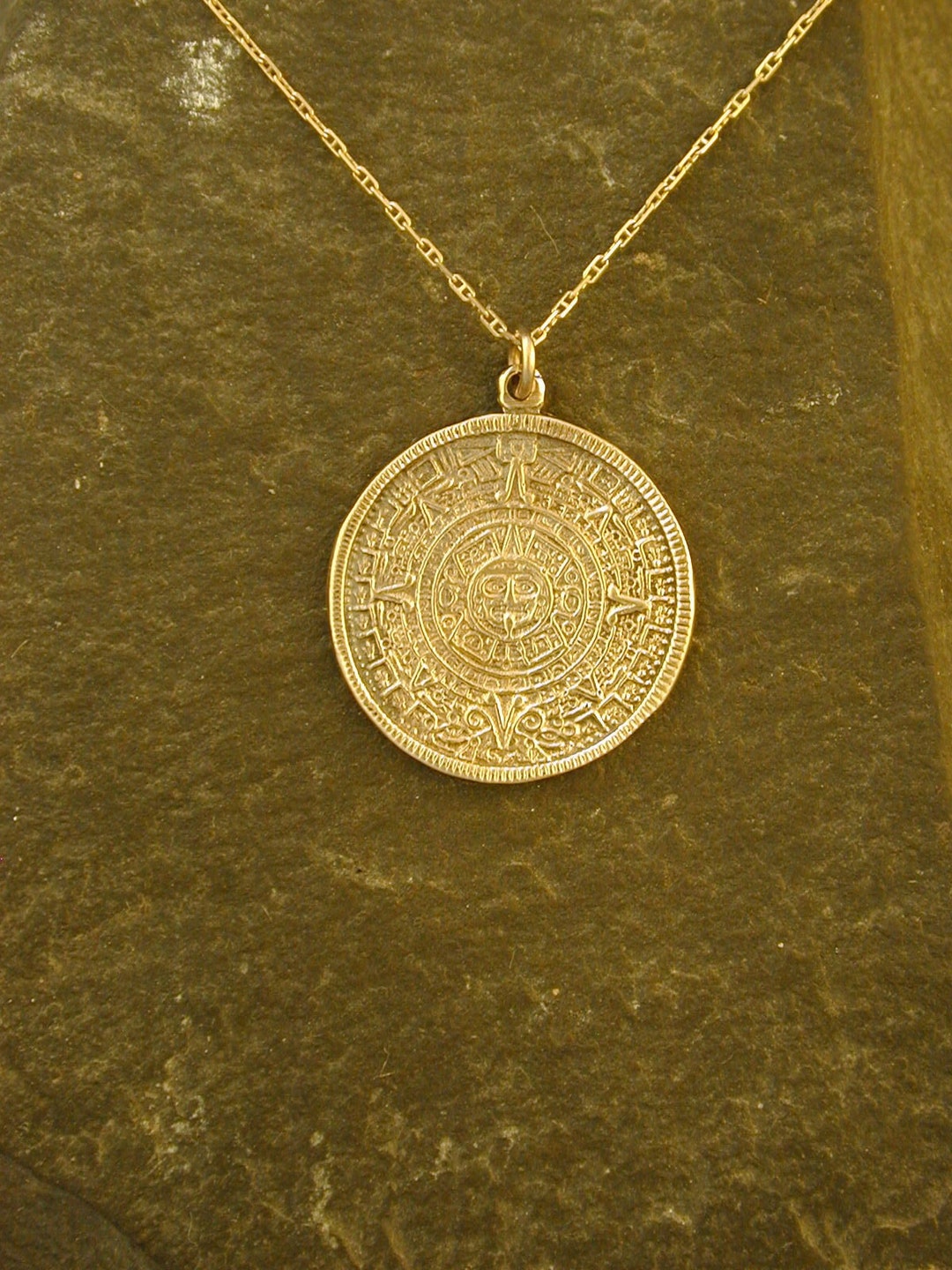 14K Gold Aztec Calendar Stone Pendant on 14K Gold Chain. - Etsy