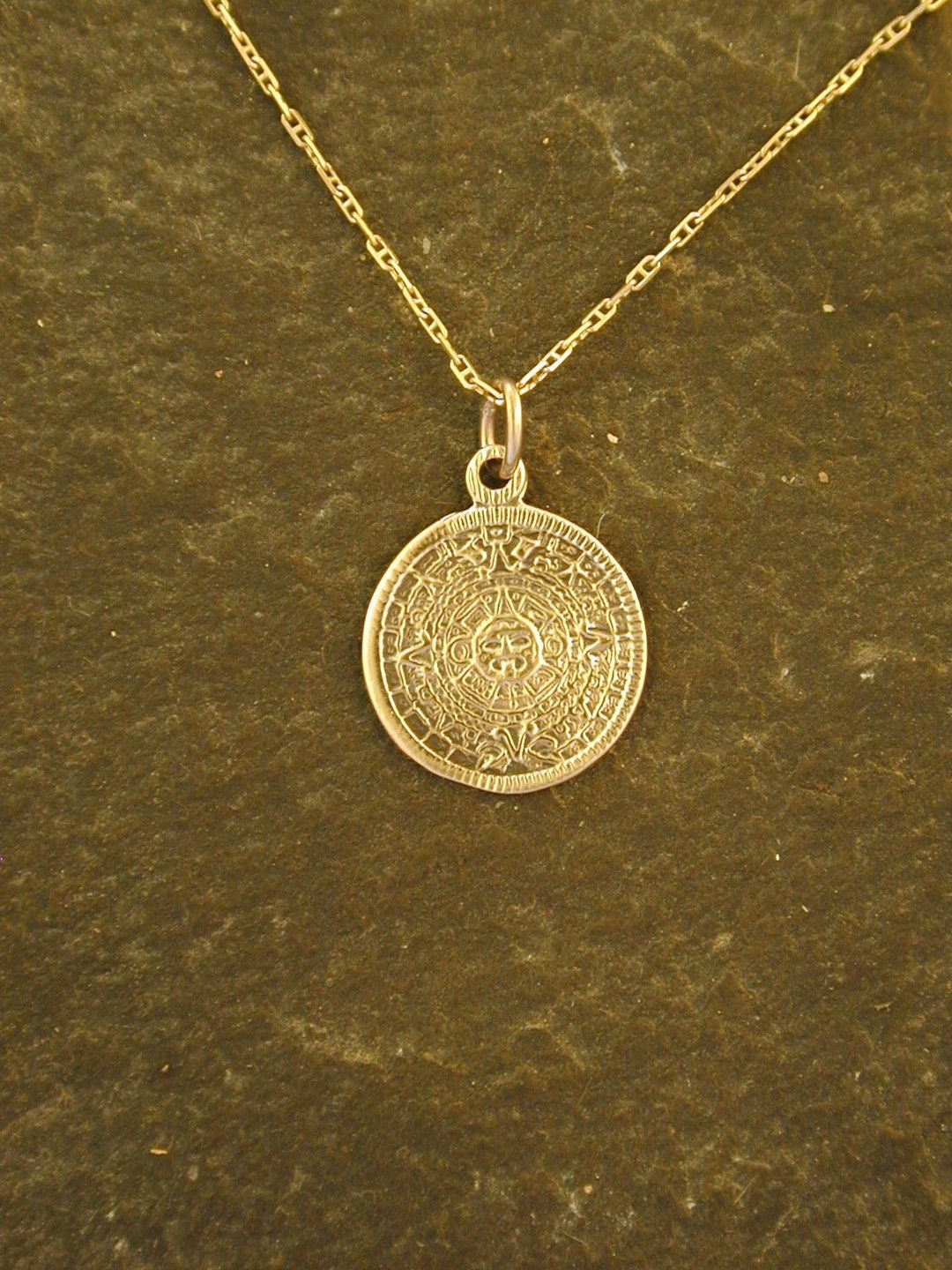 14K Gold Aztec Calendar Stone Pendant on a 14K Gold Chain - Etsy
