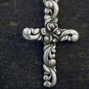 Sterling Silver Hawaiian Style Plumeria Cross Pendant on a Sterling ...