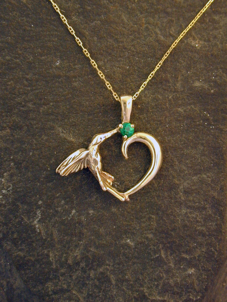 14K Gold and Fine Emerald Hummingbird Heart Pendant on a 14K Gold Chain ...