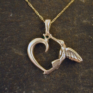 14K Gold and Fine Emerald Hummingbird Heart Pendant on a 14K Gold Chain ...