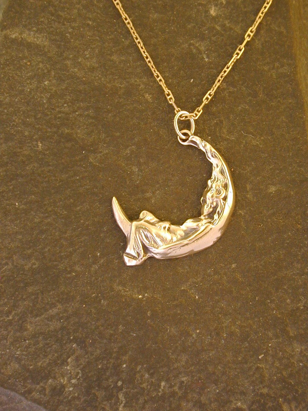14K Gold Moon Lady Pendant on a 14K Gold Chain - Etsy