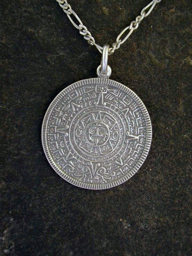 Sterling Silver Aztec Calendar Stone Pendant on Sterling Silver Chain ...