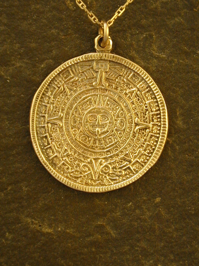 14K Gold Aztec Calendar Stone Pendant on 14K Gold Chain. - Etsy