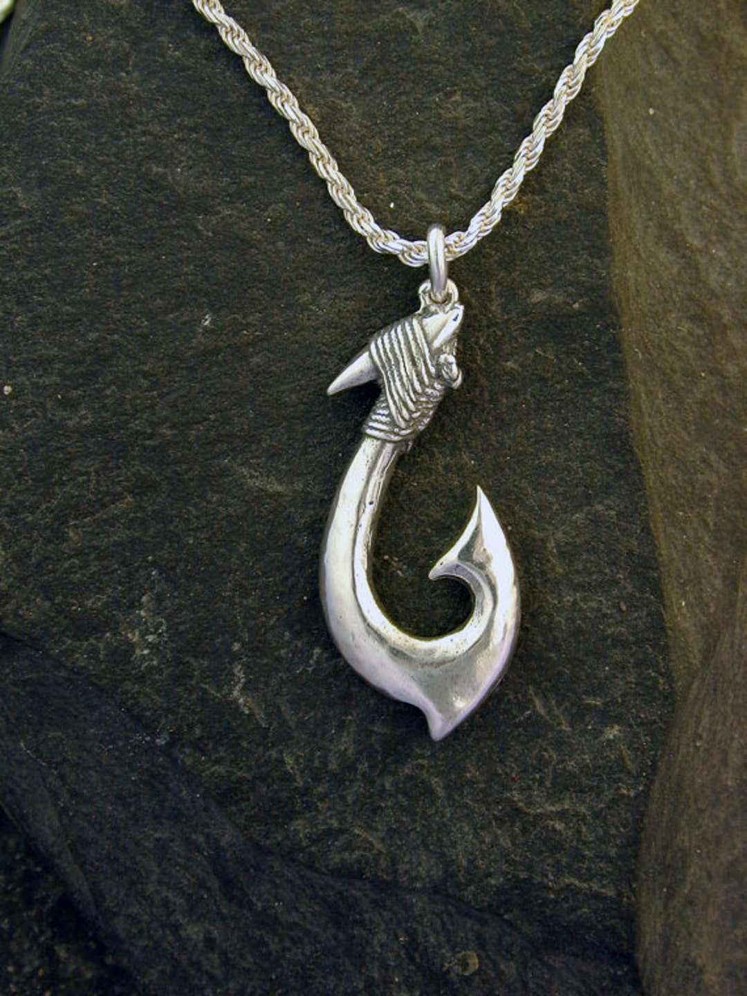 Sterling Silver Large Hawaiian Fish Hook Pendant on a Sterling Silver ...