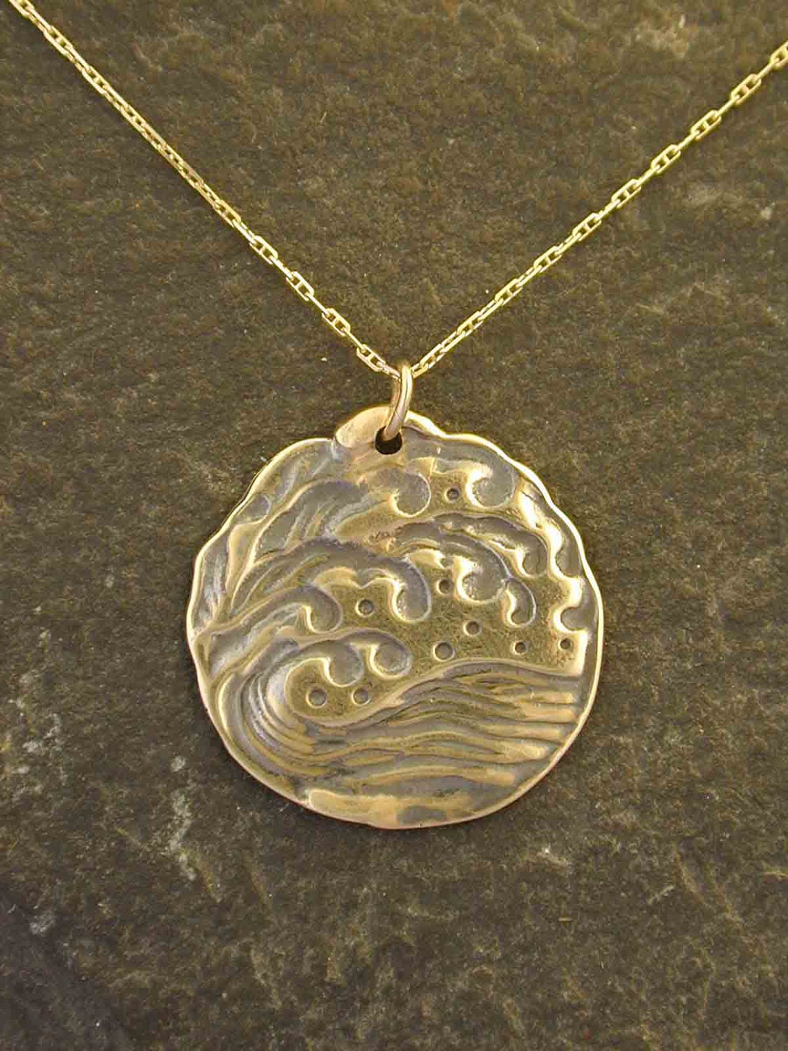 14K Gold Wave Pendant on a 14K Gold Chain | Etsy