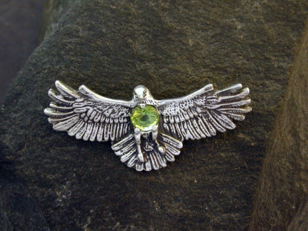 Sterling Silver Hawk Brooch With Fine Peridot - Etsy