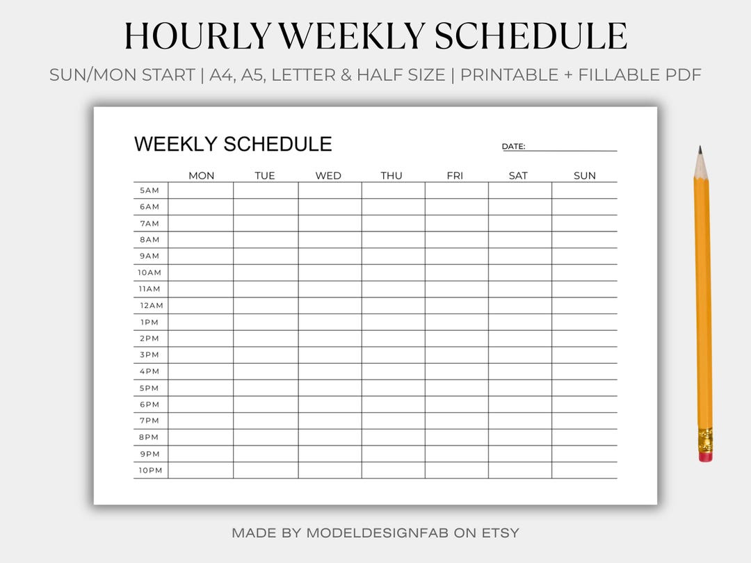 Horizontal Weekly Schedule Printable | A4 A5 Letter Sizes (PDF Download ...