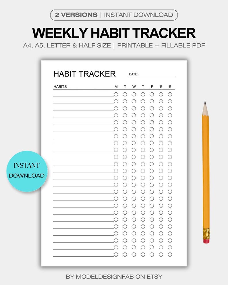 Weekly Habit Tracker Printable and Fillable | Monday & Sunday Start | 2 ...