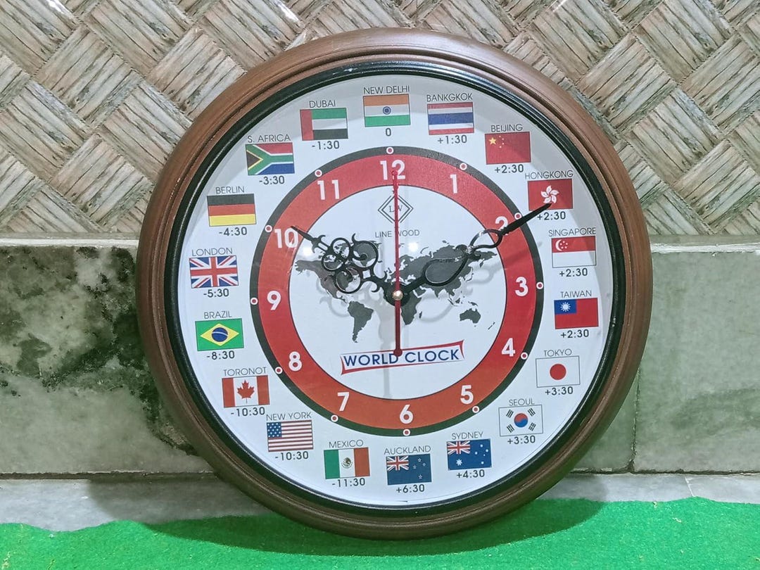 12 Inch Wooden Wall Clock With World Time Zones | Multi-country Wall ...