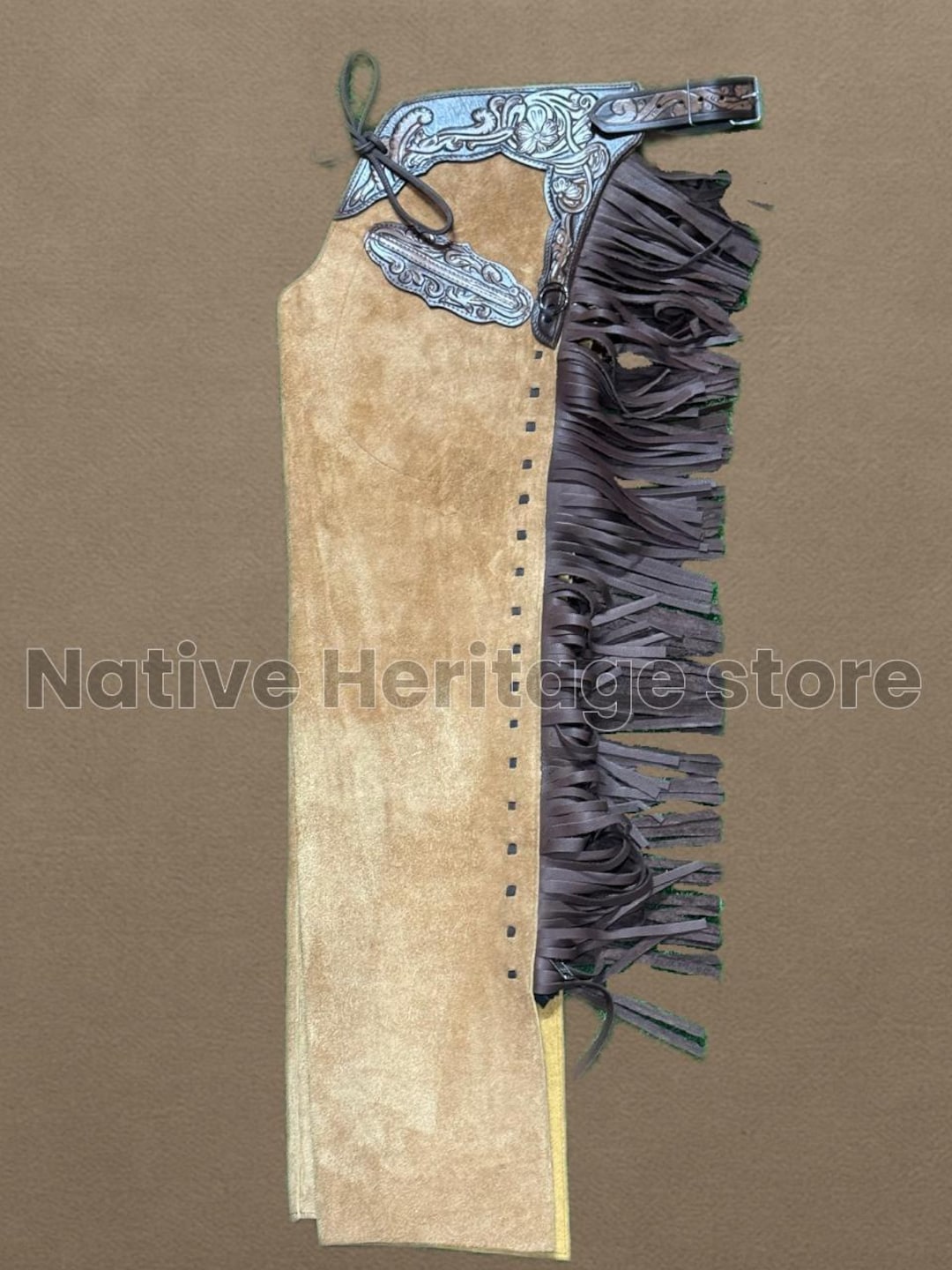 Tan Suede Leather Chaps With Brown Fringe & Tooled Yoke | Handmade ...