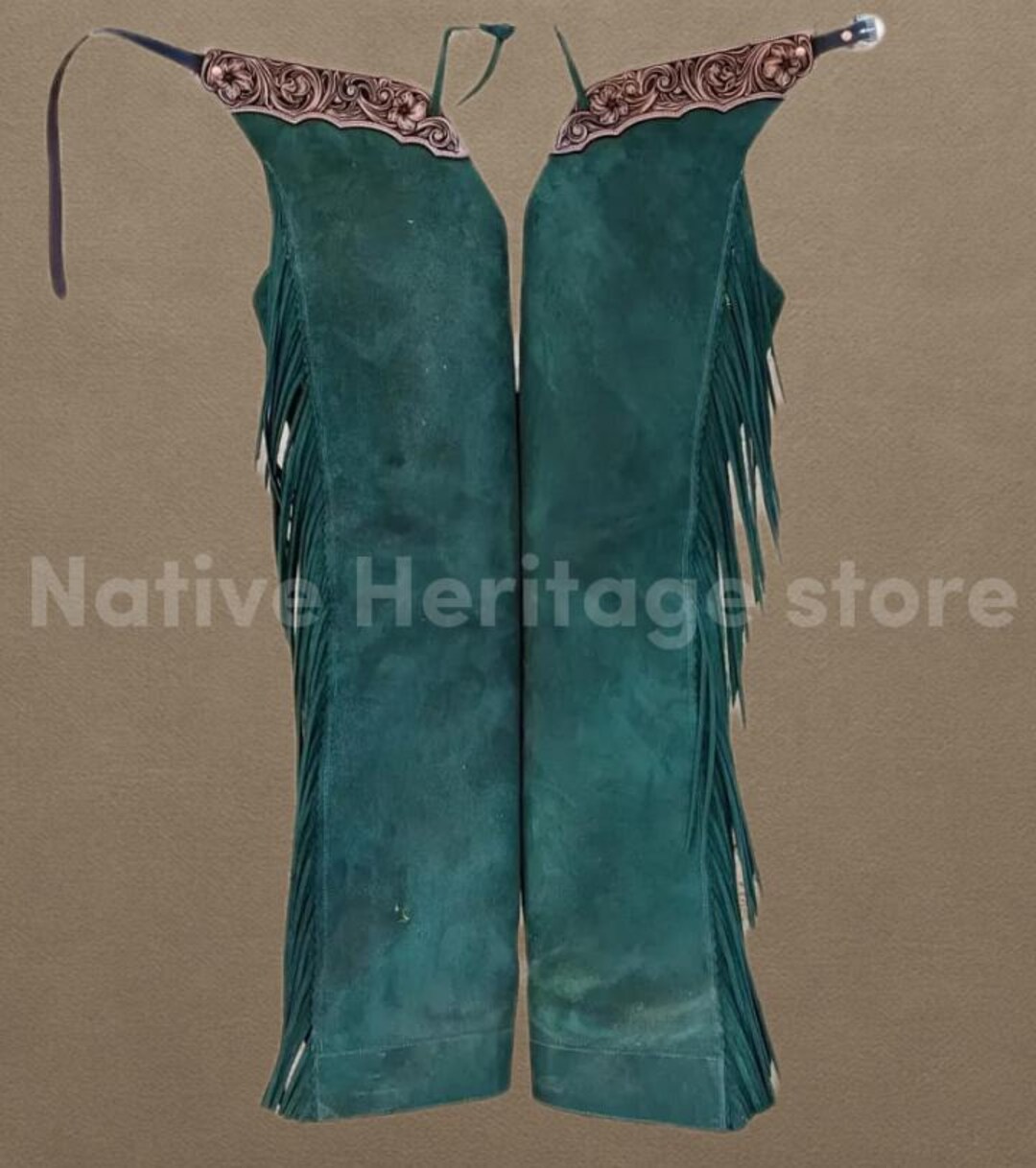 Custom Green Suede Rodeo Chaps With Floral Tooled Yoke & Fringe ...