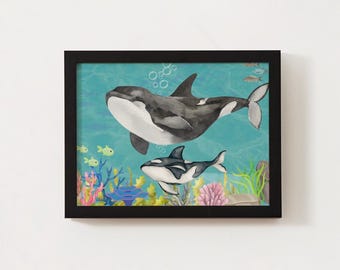 Orca Whale Mom & Baby Print | Ocean Themed Digital Download | Whale ...