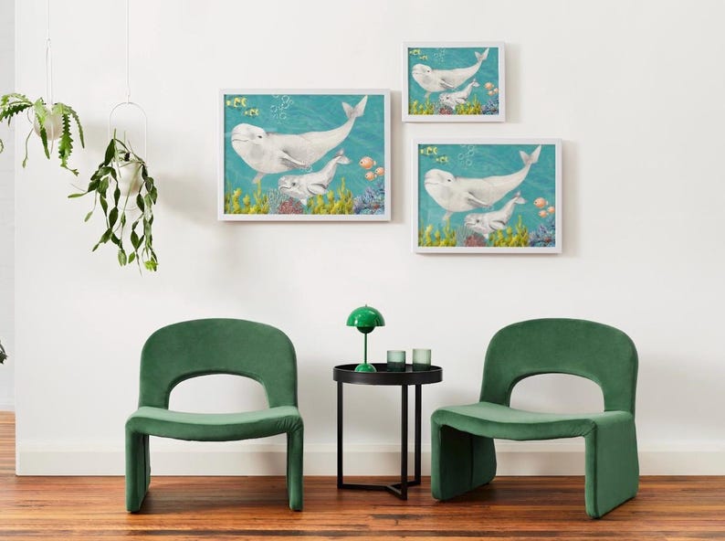 Beluga Whale Mom & Baby Print | Underwater Nursery Art | Ocean Wall ...