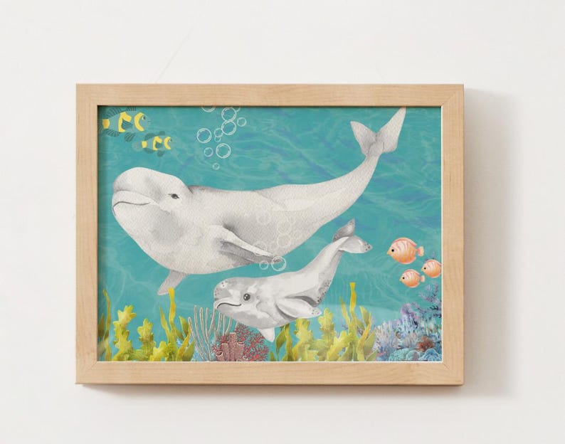 Beluga Whale Mom & Baby Print | Underwater Nursery Art | Ocean Wall ...