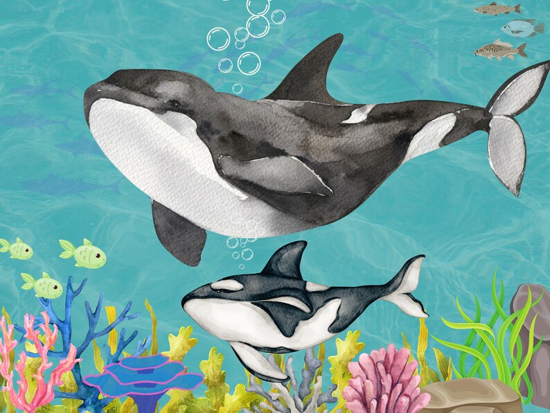 Orca Whale Mom & Baby Print | Ocean Themed Digital Download | Whale ...
