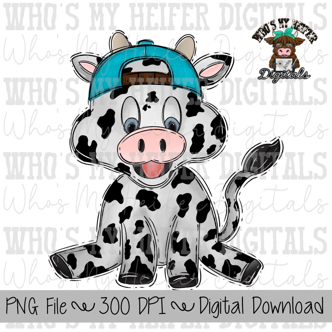 Cow Backwards Hat PNG Hand Drawn Cow With Hat Sublimation PNG Kids Cow ...