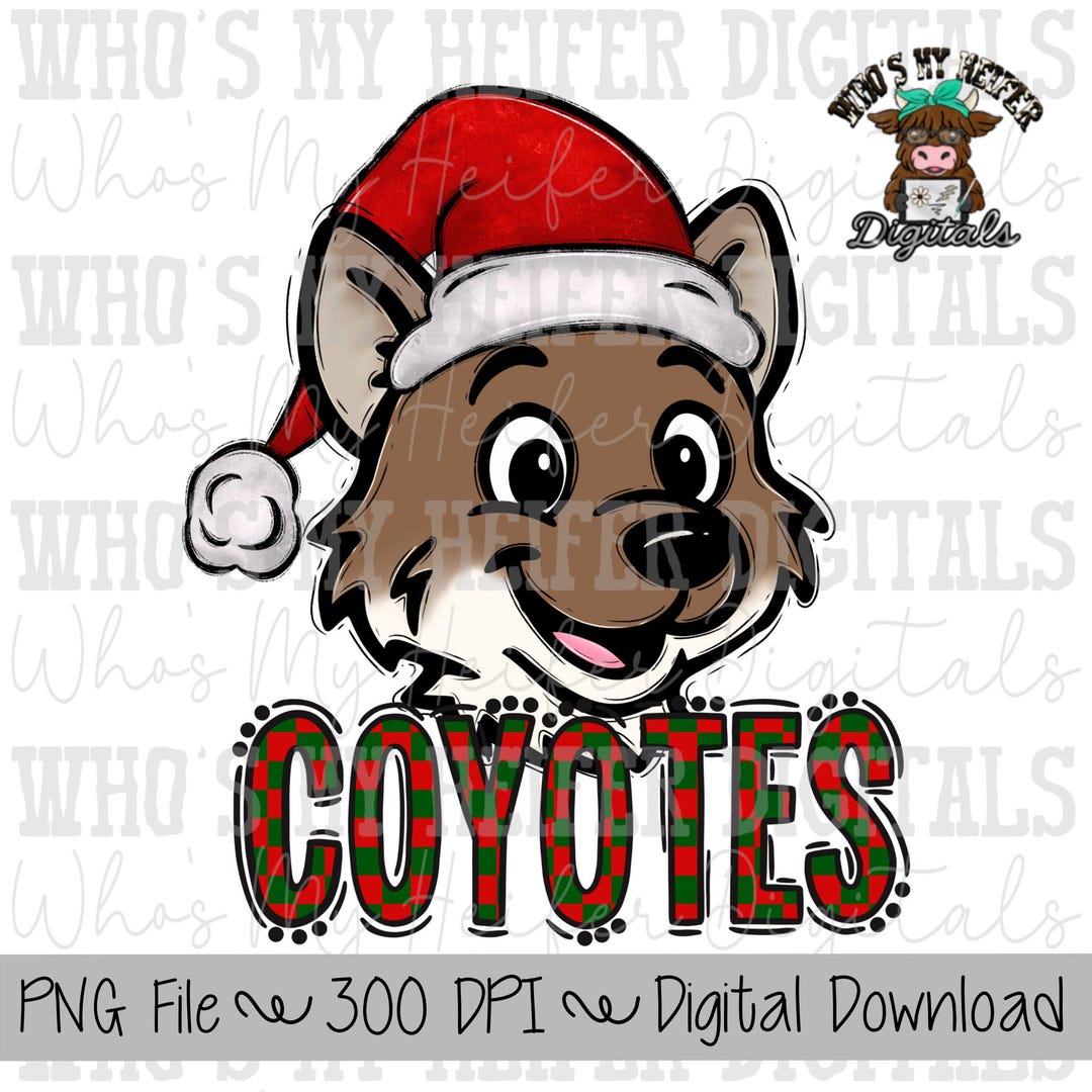Red & Green Coyotes PNG Hand Drawn Coyote With Santa Hat Sublimation ...