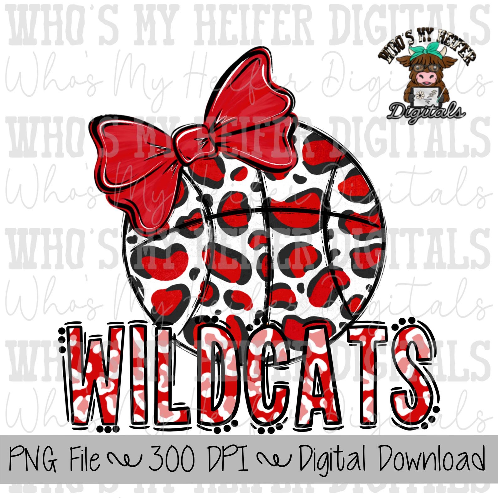 Red & White Wildcat PNG Hand Drawn Basketball With Bow Sublimation PNG ...