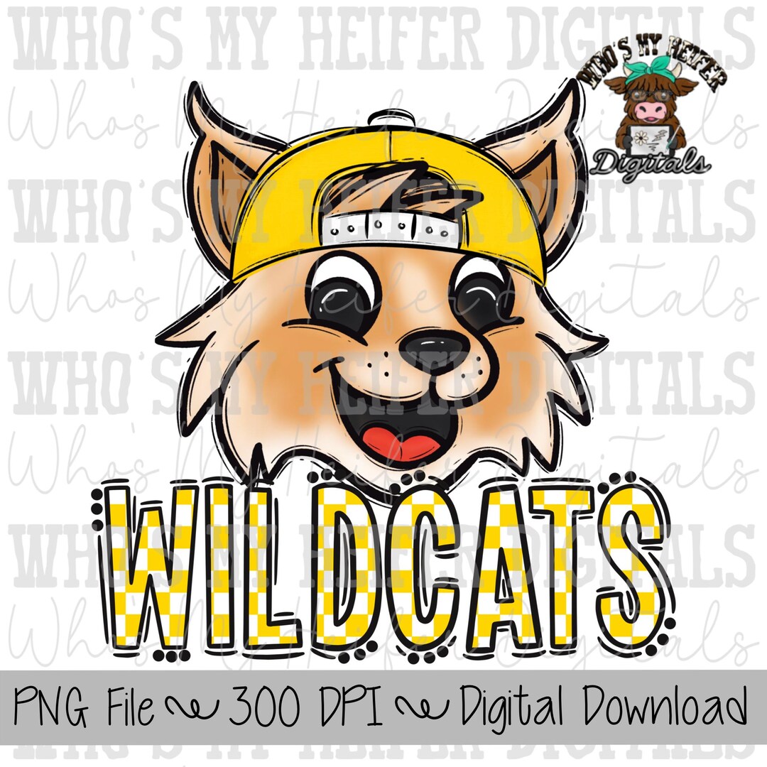 Yellow & White Wildcat PNG Hand Drawn Wildcat With Hat Sublimation PNG ...