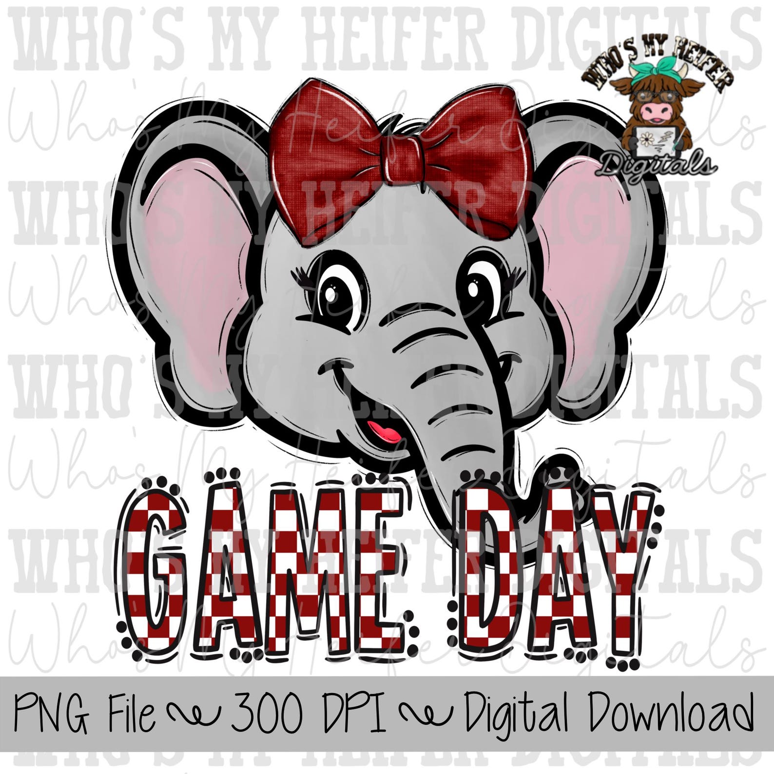 Red & White Elephant PNG Hand Drawn Elephant With Bow Sublimation PNG ...