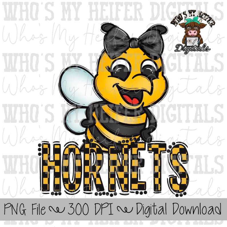 Black & Yellow Hornet PNG Hand Drawn Hornet With Bow Sublimation PNG ...