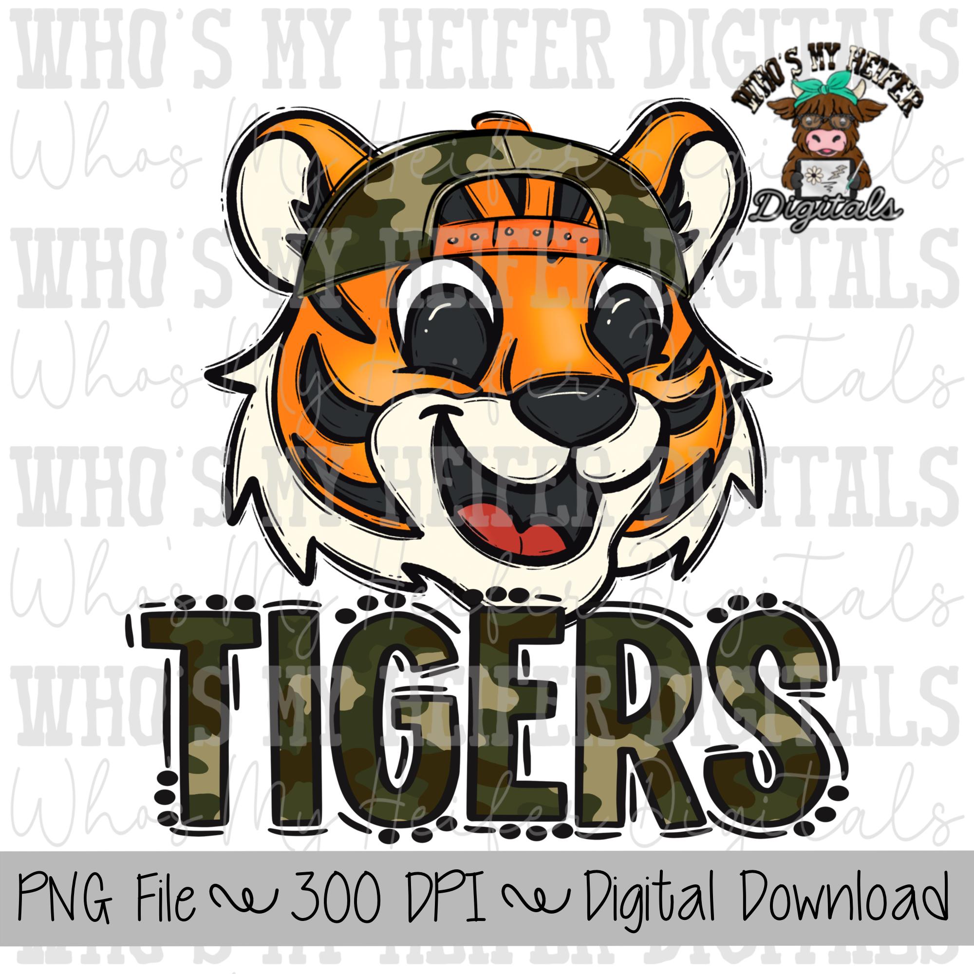Camo Hat Tiger PNG Hand Drawn Tiger With Hat Sublimation PNG Game Day ...