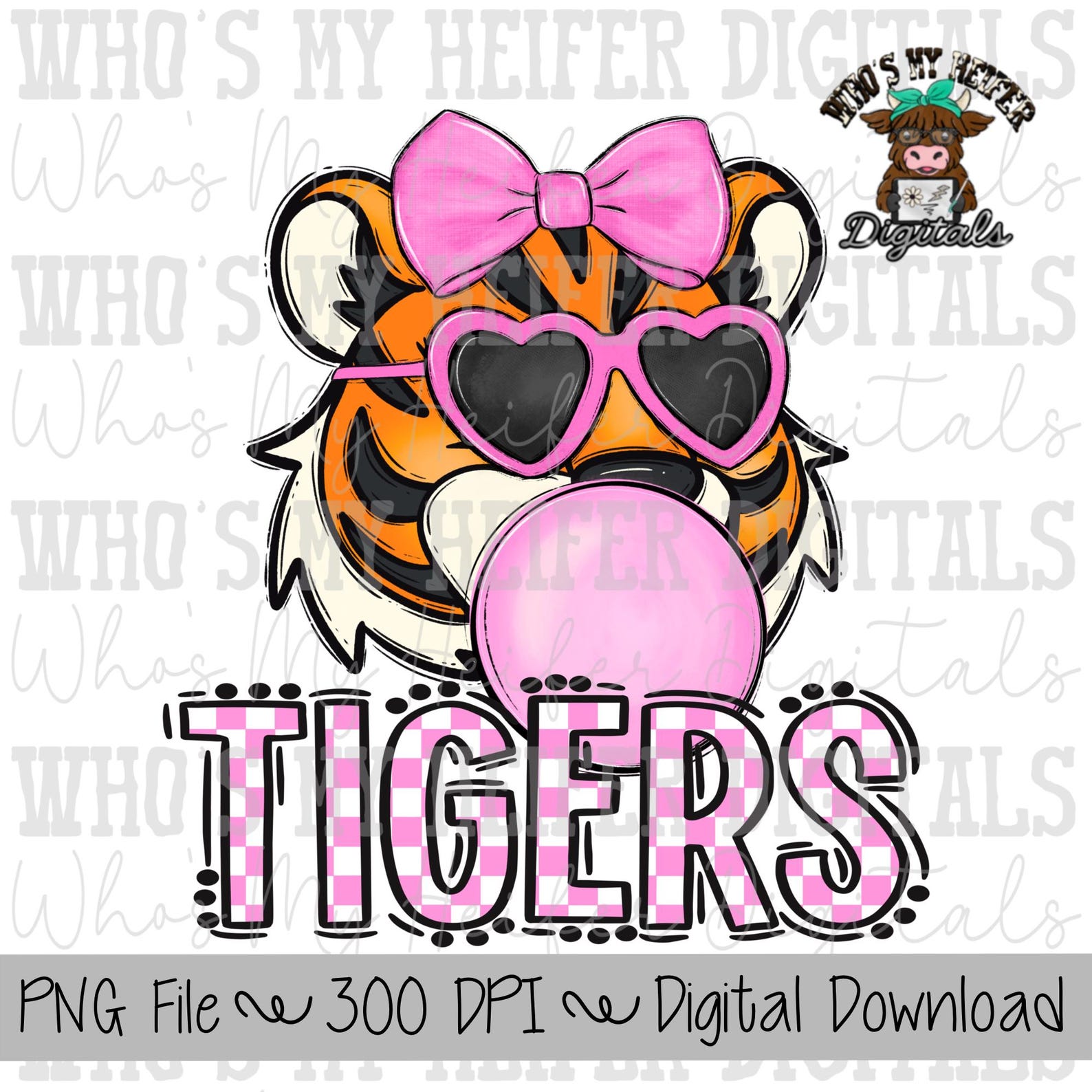Bubble Gum Tiger PNG Hand Drawn Tiger With Bow Sublimation PNG Game Day ...