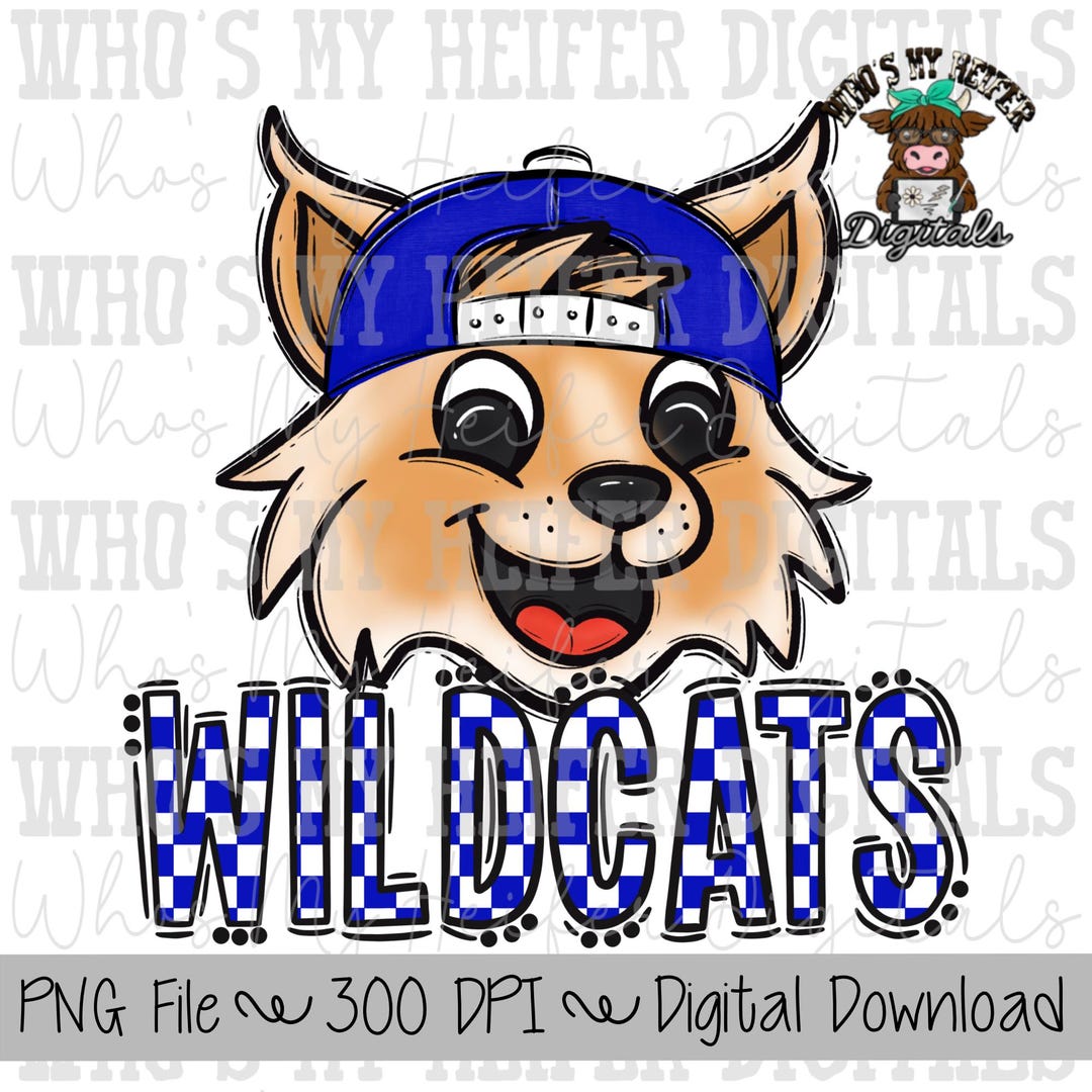 Blue & White Wildcat PNG Hand Drawn Wildcat With Hat Sublimation PNG ...