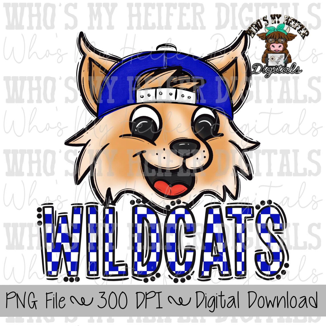 Blue & White Wildcat PNG Hand Drawn Wildcat With Hat Sublimation PNG ...