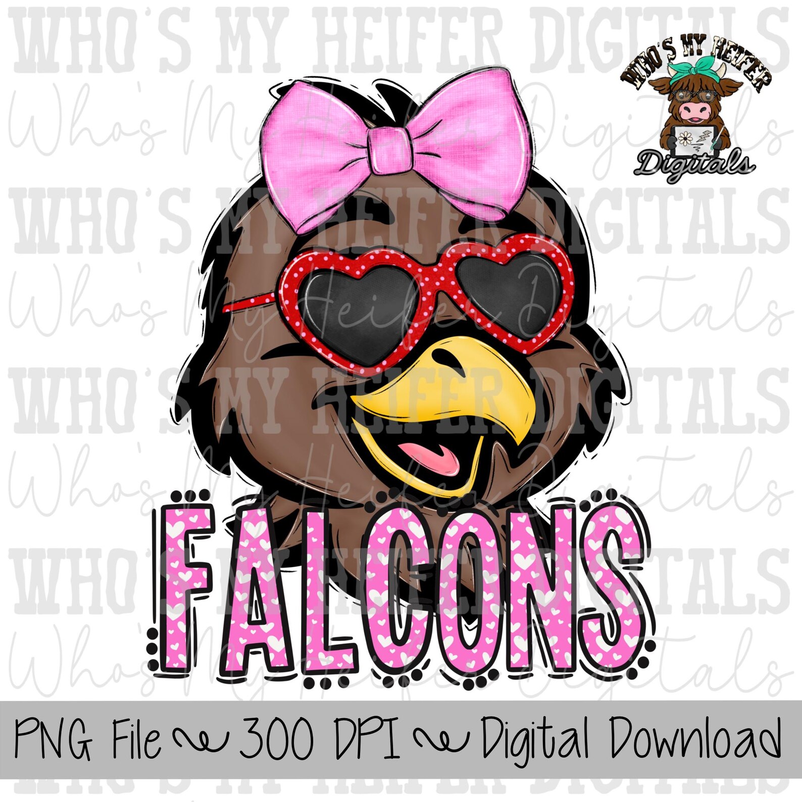 Valentine's Day Falcons PNG Hand Drawn Falcon With Bow Sublimation PNG ...