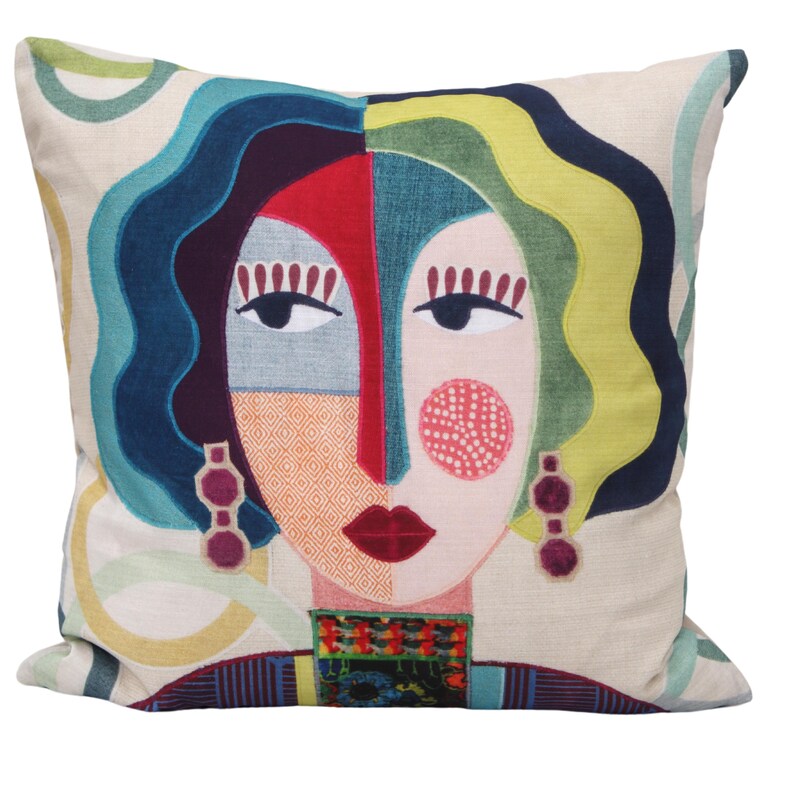 Teal Lady Pillow Cover – Printed From Original Textile Art, Accent ...