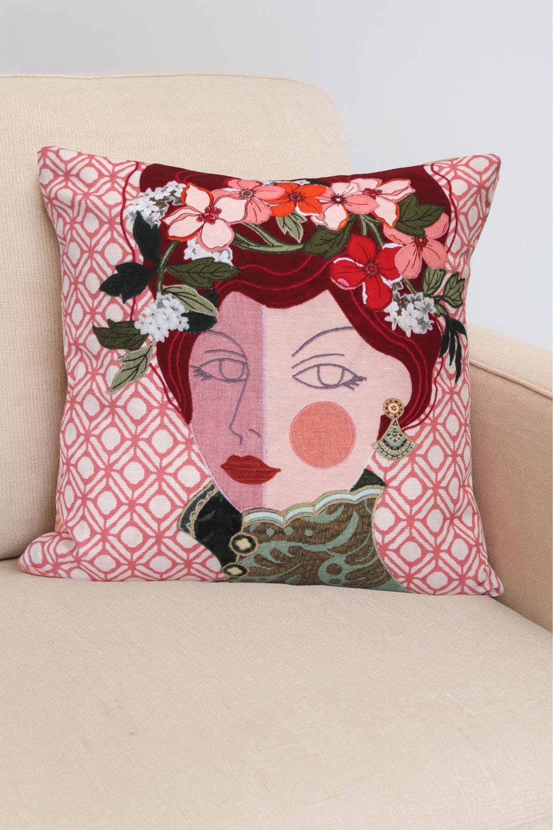 Hot Pink Floral Lady Pillow Cover –printed From Original Textile Art ...