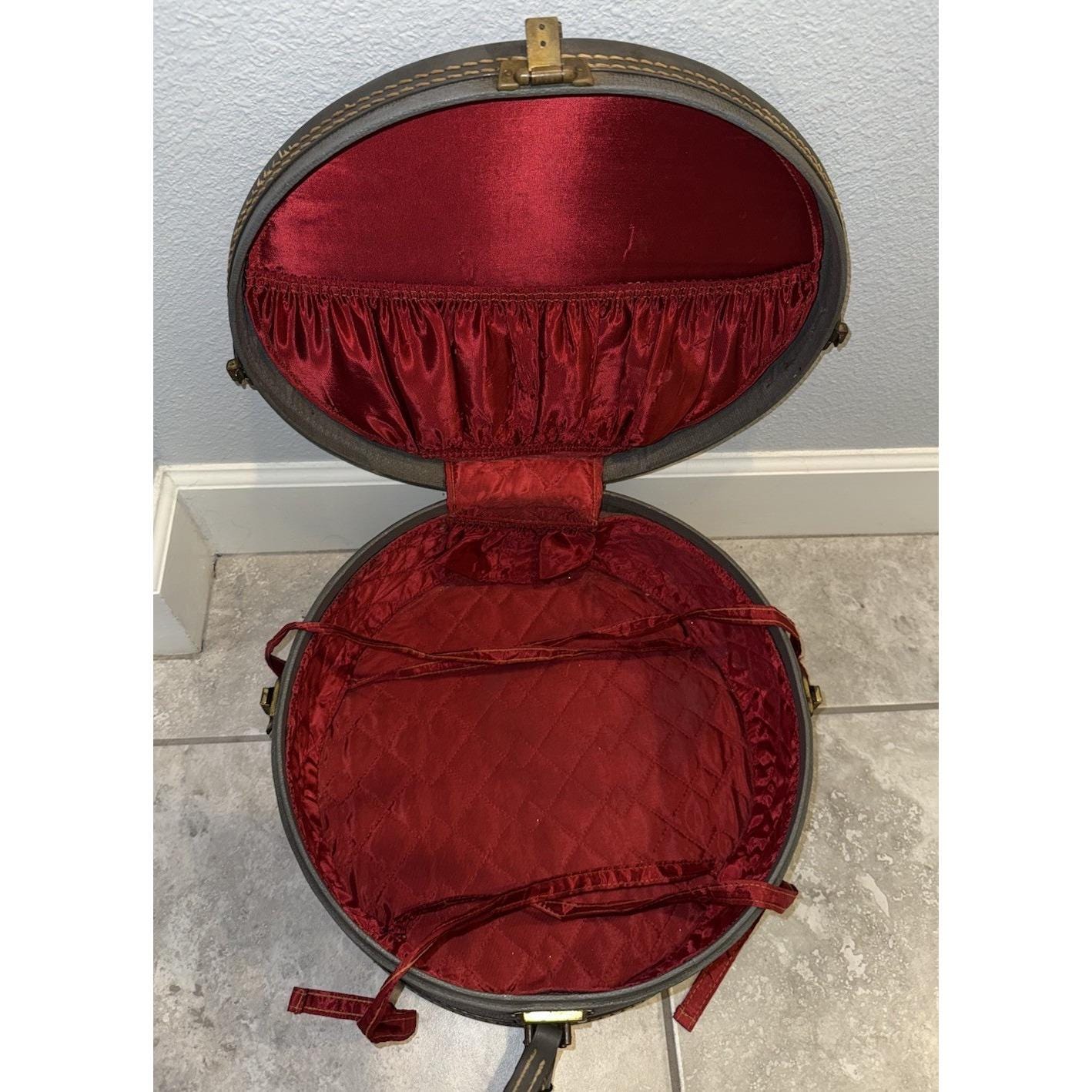 Vintage 1950s Round Hat Box Travel Case Red Satin Lined Train Case ...