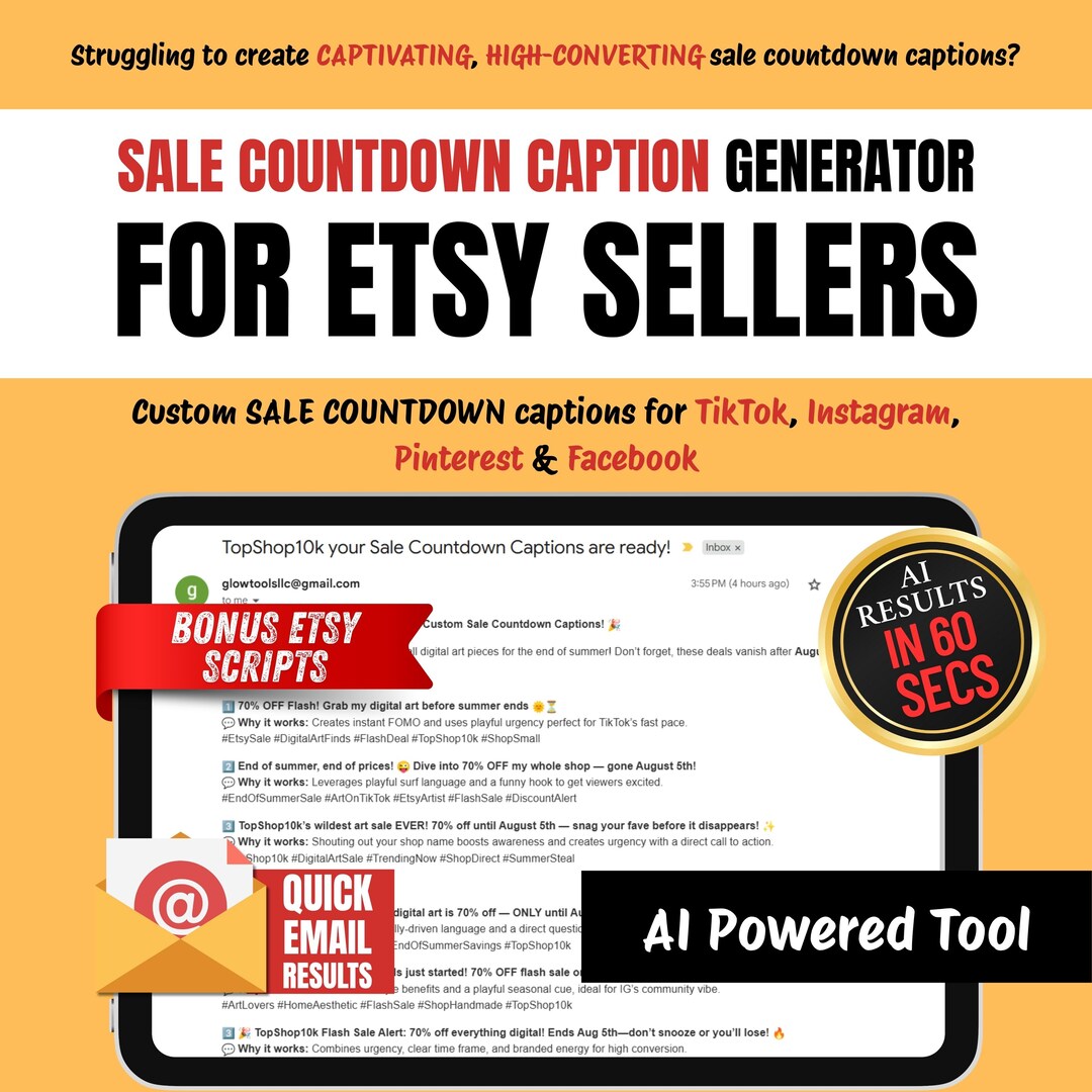 Sale Countdown Caption Generator for Etsy Sellers | AI Social Media ...