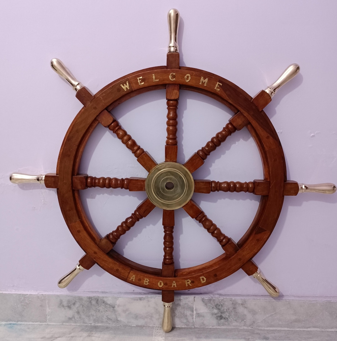 Wooden Ship Wheel With Brass Center “welcome Aboard” Nautical Wall ...