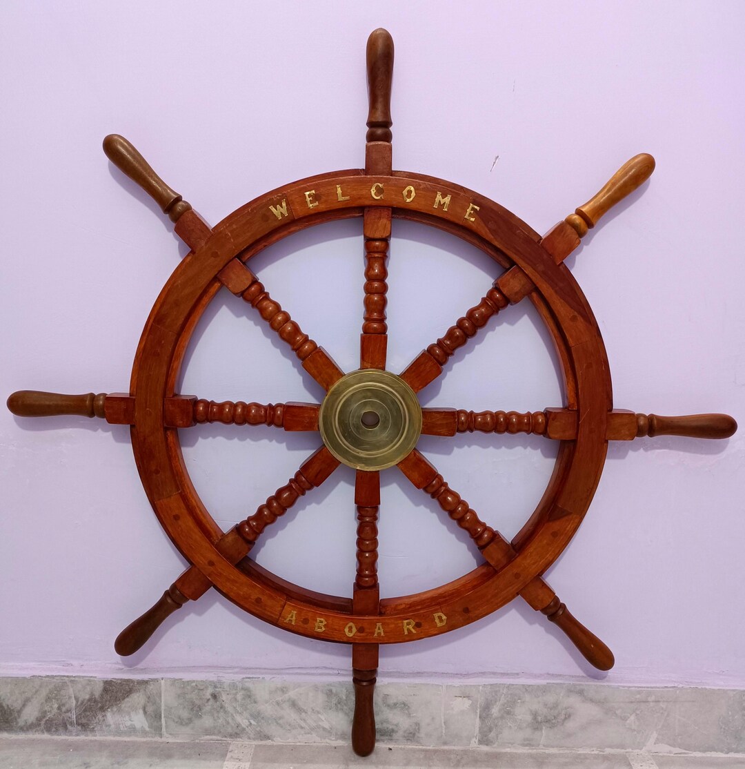 Handmade Wooden Ship Wheel With Brass Center “welcome Aboard” Nautical ...