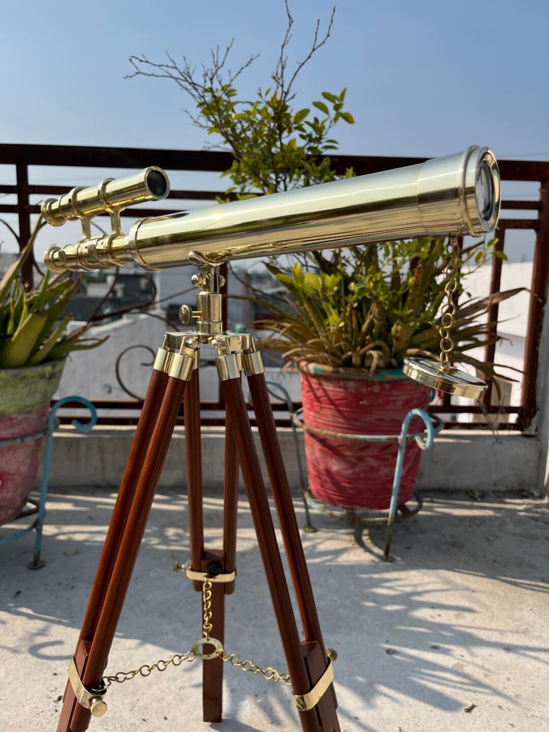 Vintage Brass & Wood Telescope With Stand Nautical Decor Maritime ...