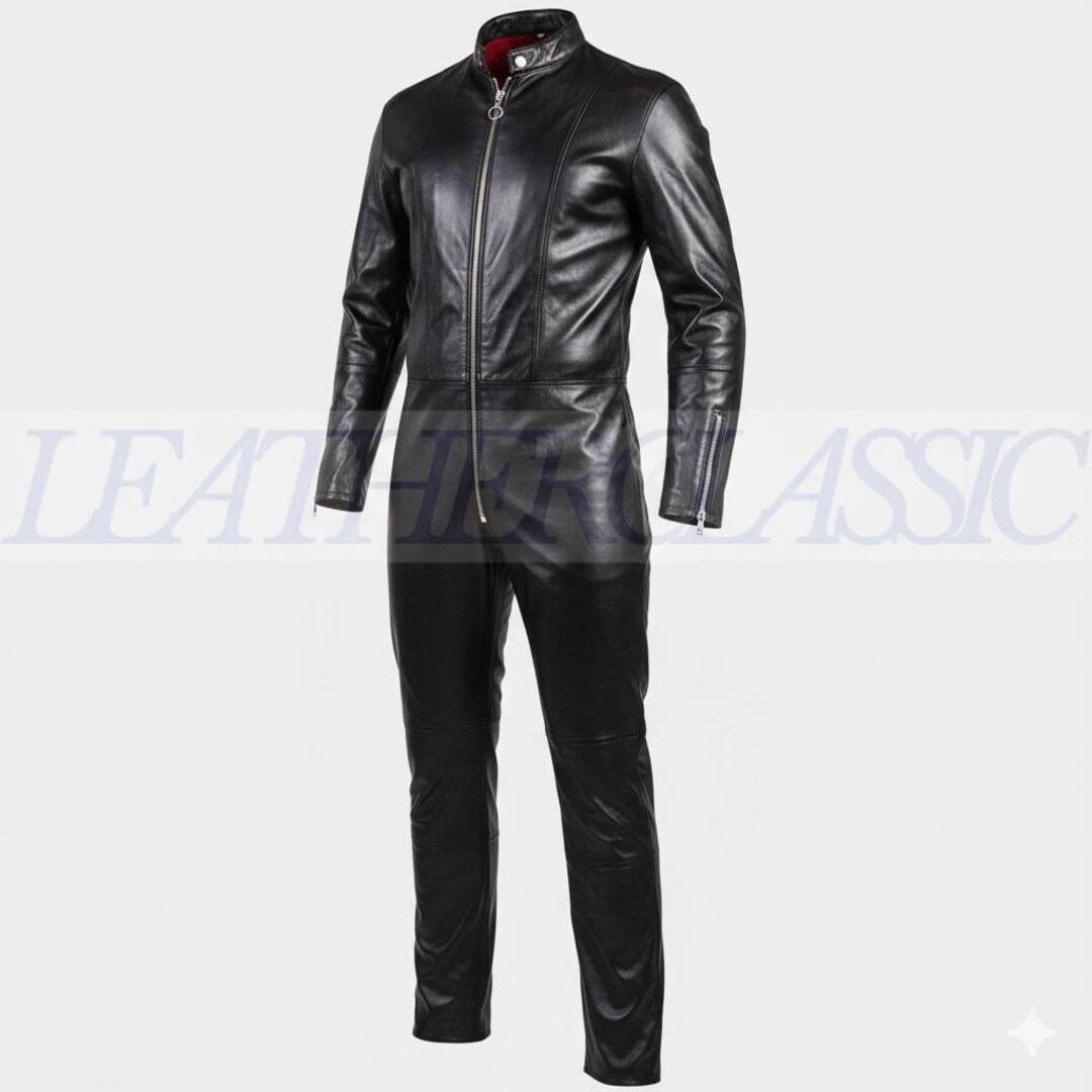 Men's Sheepskin Leather Jumpsuit | Black Full Body Suit, Zipper Front ...