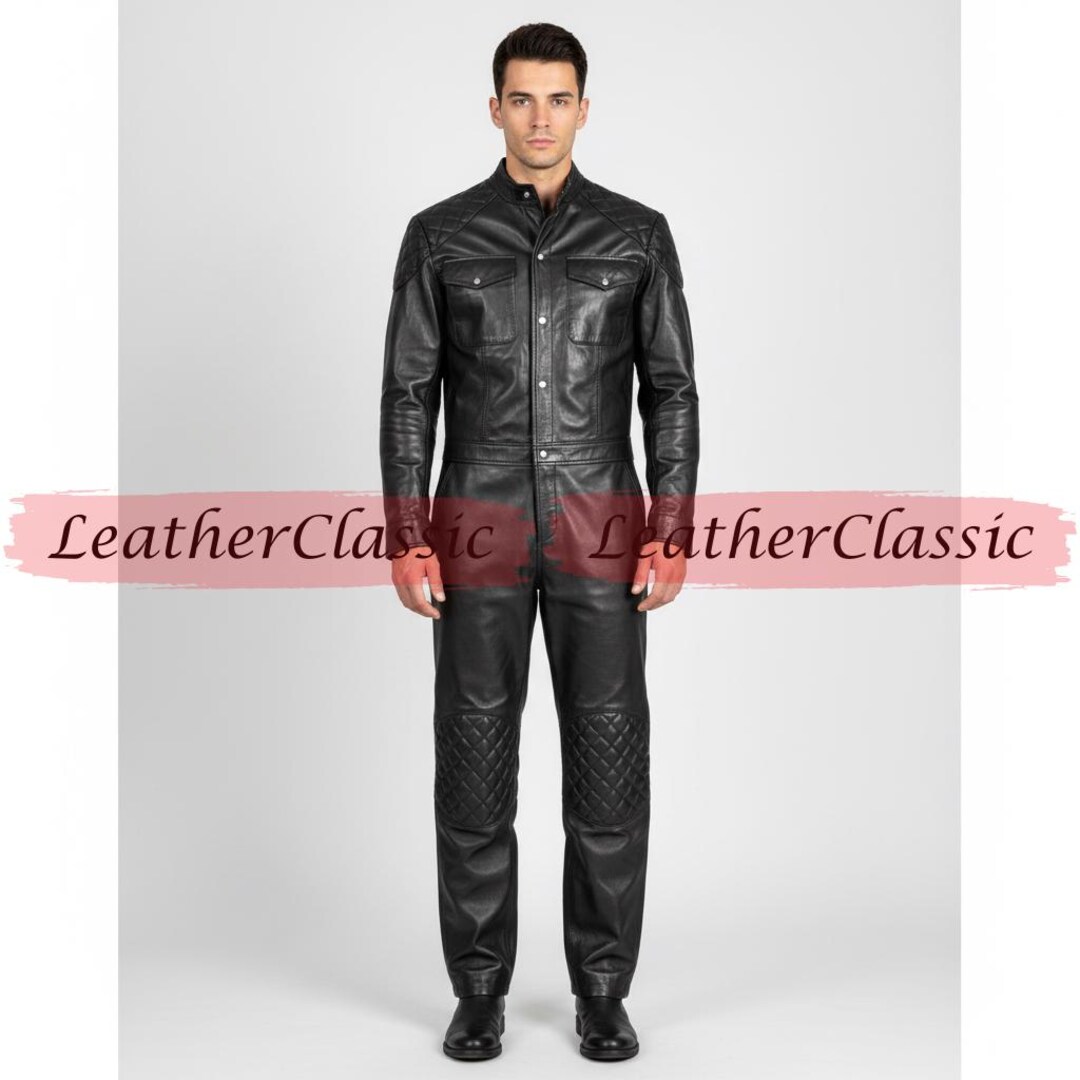 Men's Real Leather Biker Jumpsuit, Quilted Motorcycle Racing Suit - Etsy