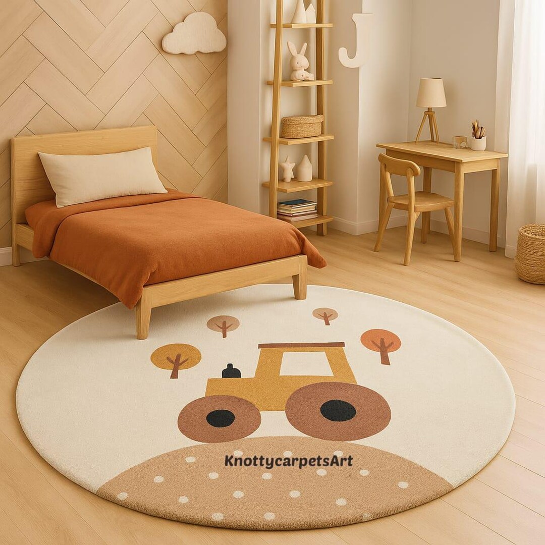 Tractor Nursery Rug: Round Farm Playroom Mat, Soft Kids Bedroom Carpet ...