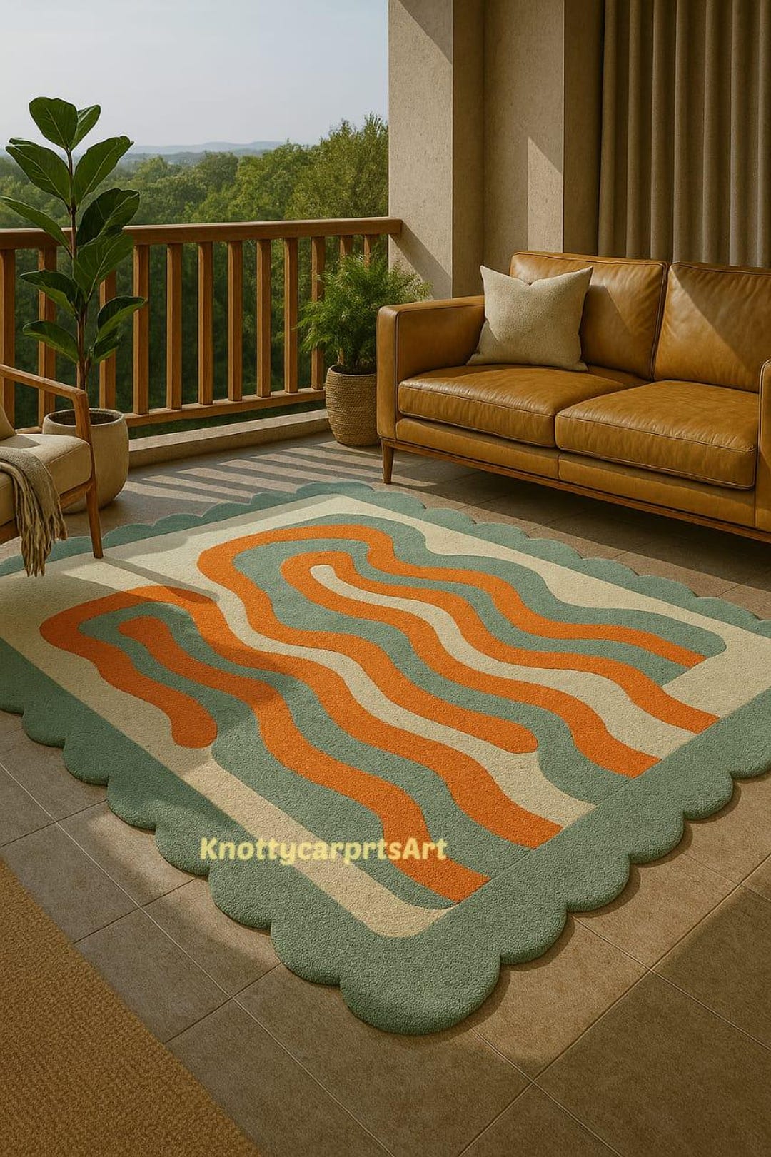 Hand-tufted Wavy Rug: Mid-century Modern Terracotta Teal Abstract ...