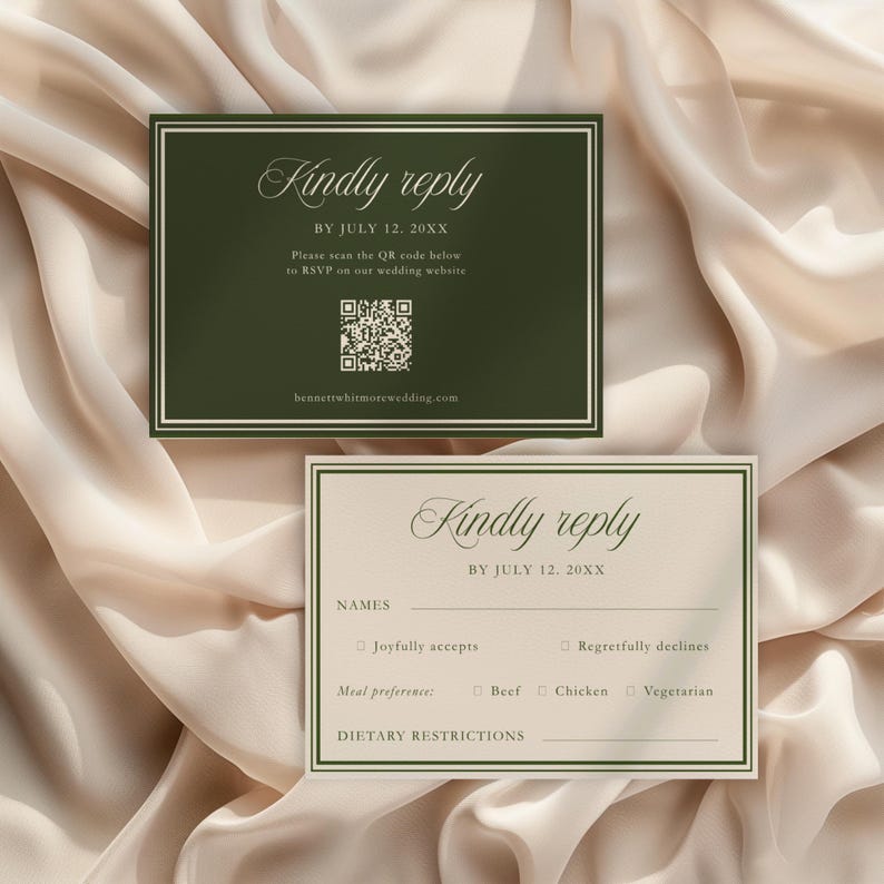 Timeless Green RSVP Card Template, Printable Olive Wedding Reply Card ...