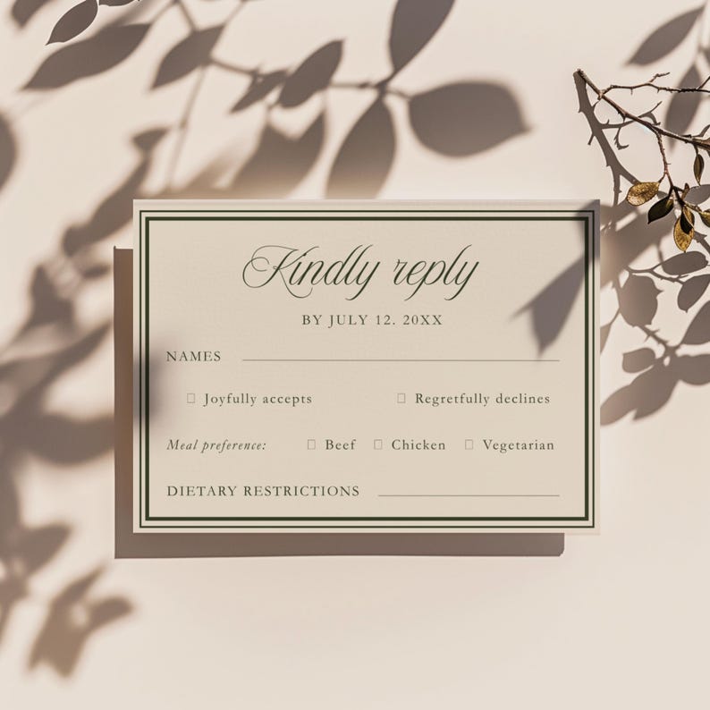 Timeless Green RSVP Card Template, Printable Olive Wedding Reply Card ...