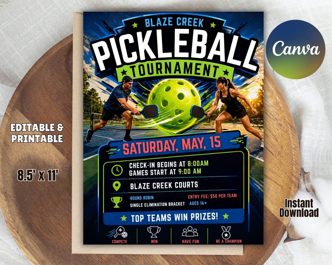 Pickleball Tournament Flyer Template | Editable Canva Sports Event ...