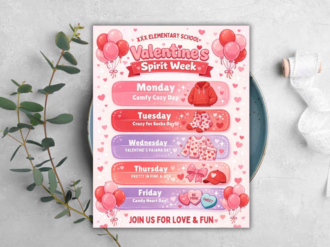 Editable Valentines Day Spirit Week Flyer Canva Template, School Spirit ...