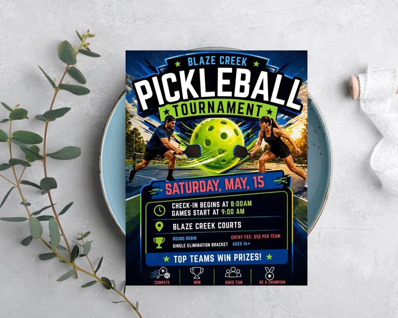 Pickleball Tournament Flyer Template | Editable Canva Sports Event ...