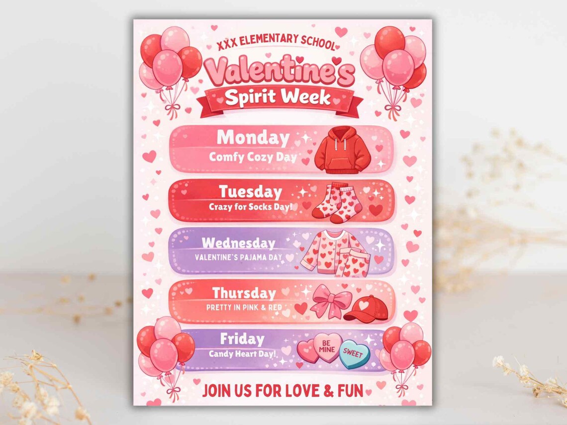 Editable Valentines Day Spirit Week Flyer Canva Template, School Spirit ...